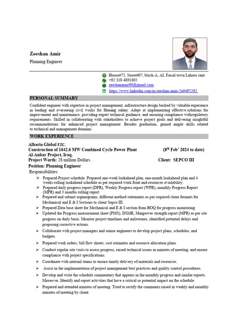 Planning Engineer Resume: Zeeshan Amir | PDF | Project Management