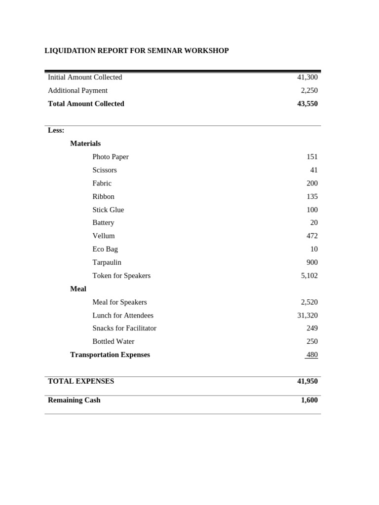 Liquidation Report For Seminar Workshop | PDF