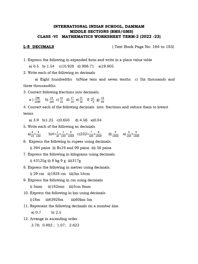 Class VI Mathematics Worksheet Term 2 | PDF | Perpendicular | Circle