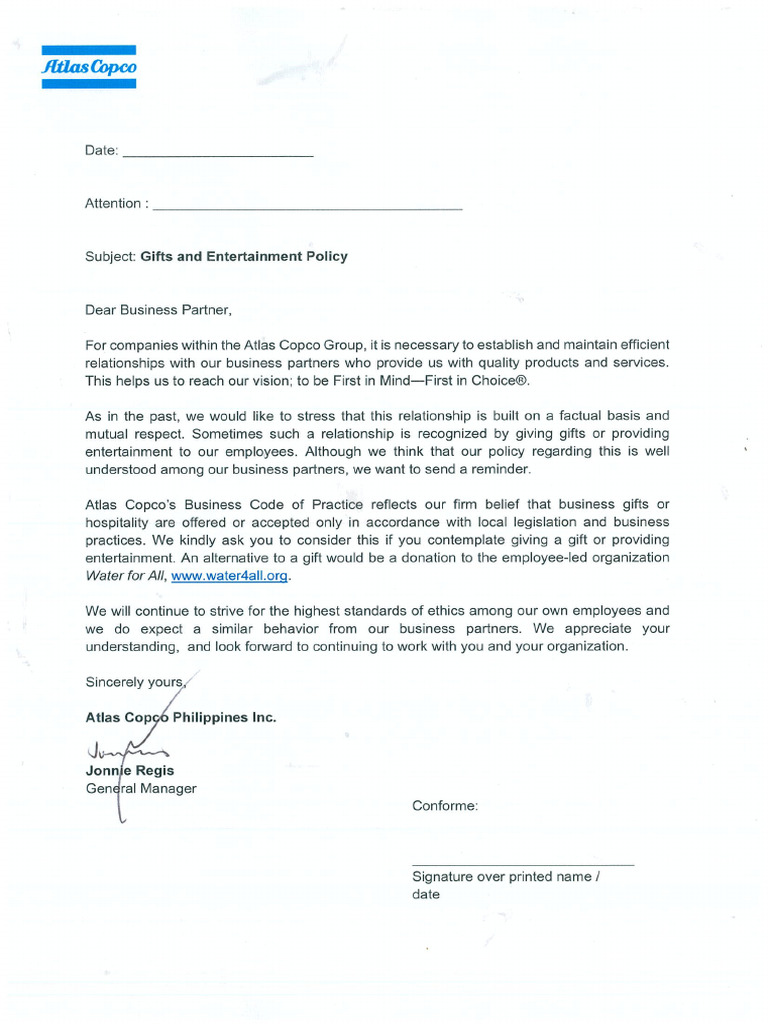 2021 Atlas Copco Philippines - Gifts and Entertainment Policy Letter To ...