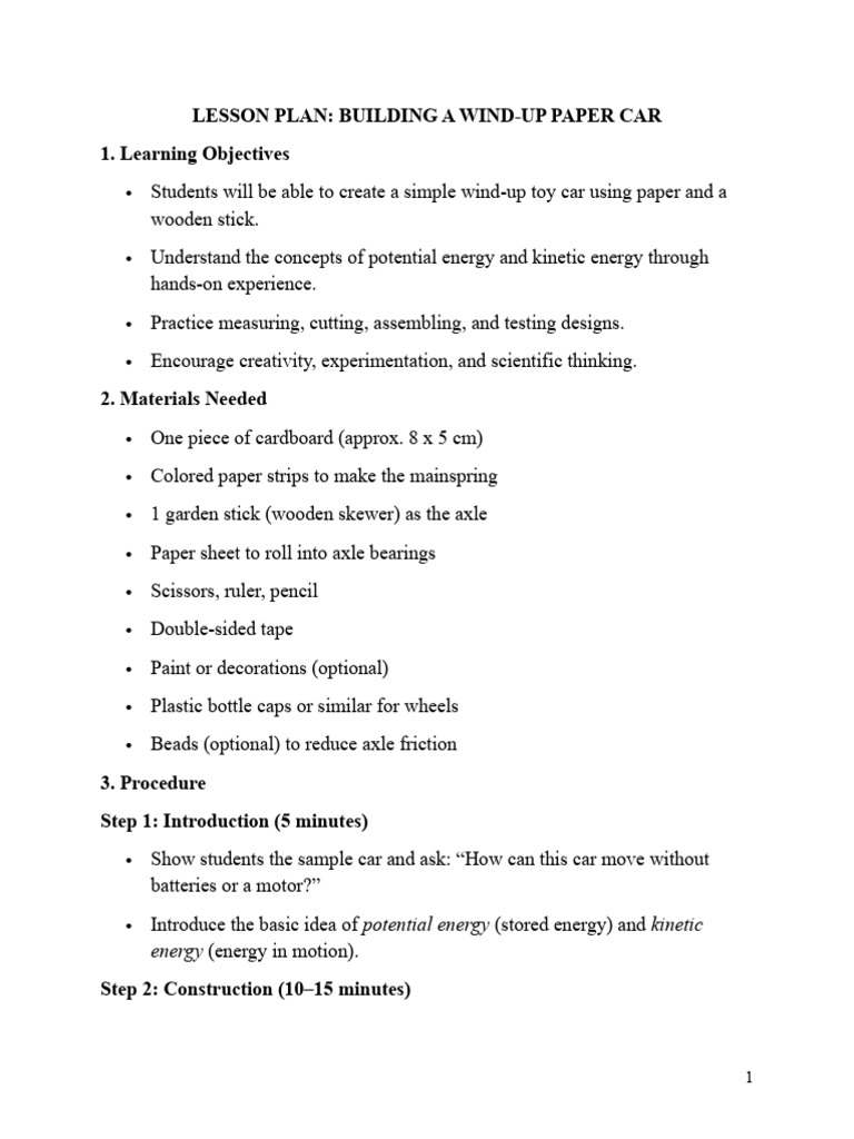 Wind-Up Paper Car Lesson Plan | PDF | Friction | Mechanical Engineering