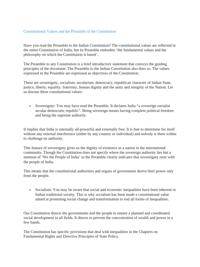 Constitutional Values and The Preamble of The Constitution | PDF ...