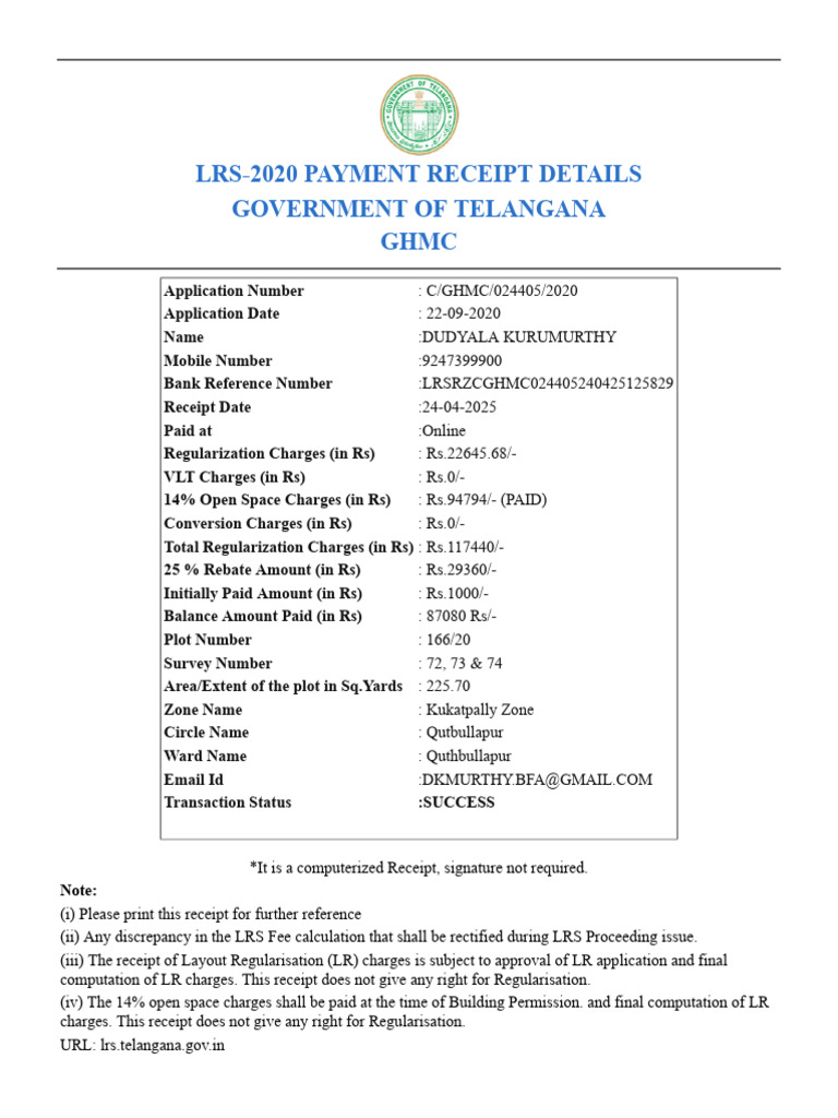 LRS 2020 Payment Receipt Details | PDF
