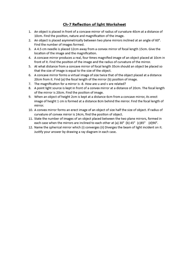 Ch-7 Reflection of Light Worksheet | PDF