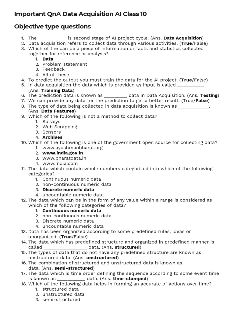 Important QnA Data Acquisition AI Class 10 | PDF | Data | Bowling (Cricket)
