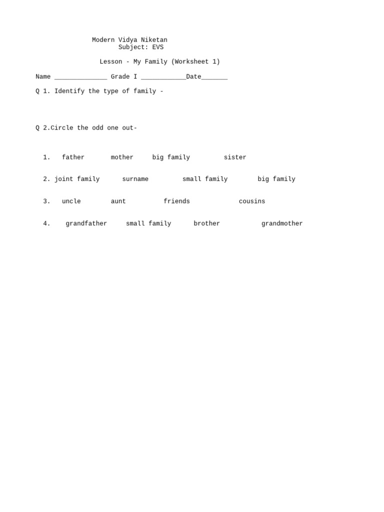 My Family Worksheet for Grade 1 | PDF