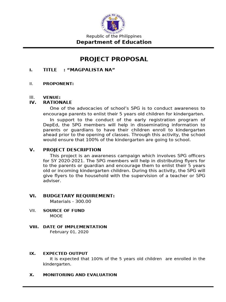 Spg-Project Proposal - Early Reg. Kindergarten Sy 2019-2020 | PDF