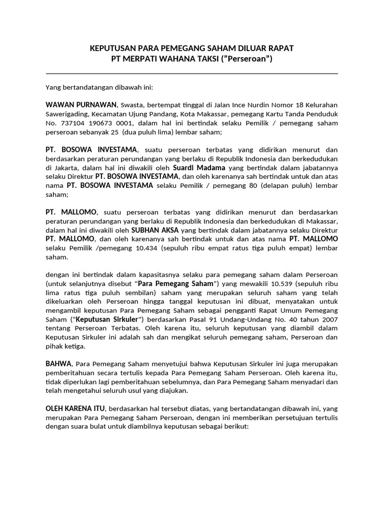 Keputusan Sirkuler Pemegang Saham PT Merpati | PDF
