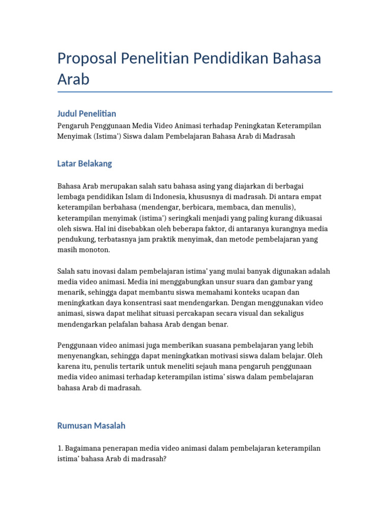 Proposal Penelitian Bahasa Arab Media Video Animasi | PDF