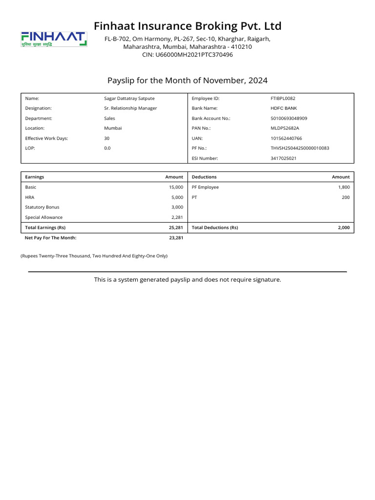 Payslip Sagar November 20243aa12f | PDF
