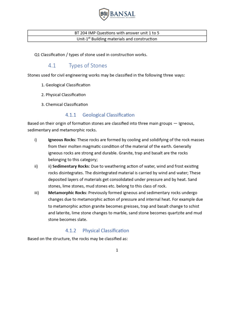BT204 BCEM Important Questions With Answer Unit 1 To 5 | PDF | Rock (Geology) | Concrete