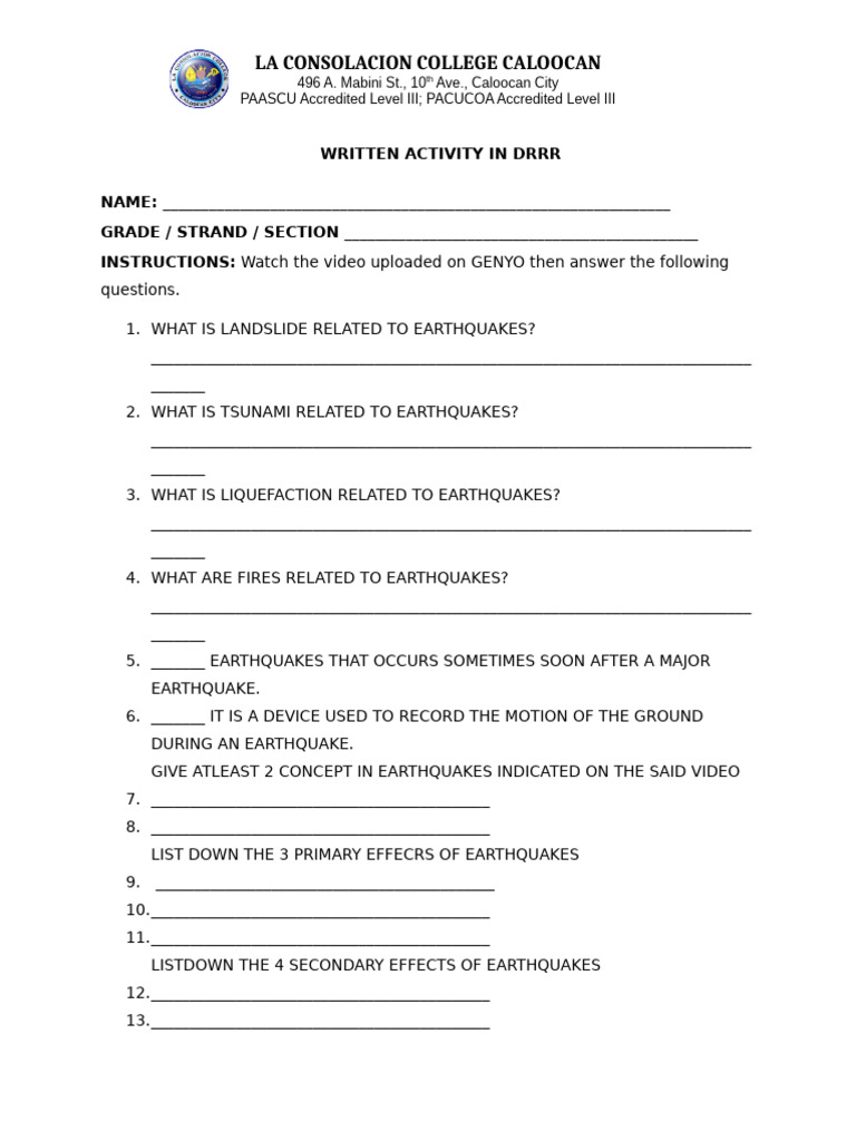 DRRR Written Activity: Earthquake Effects | PDF