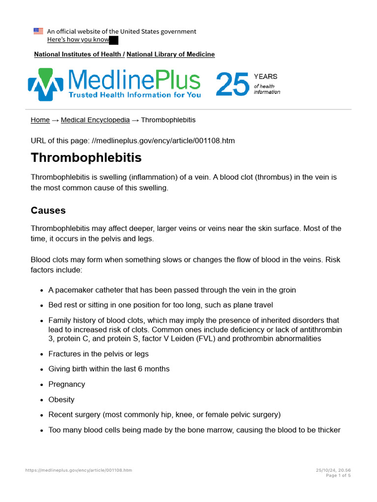 Thrombophlebitis- MedlinePlus Medical Encyclopedia | PDF | Vein | Edema