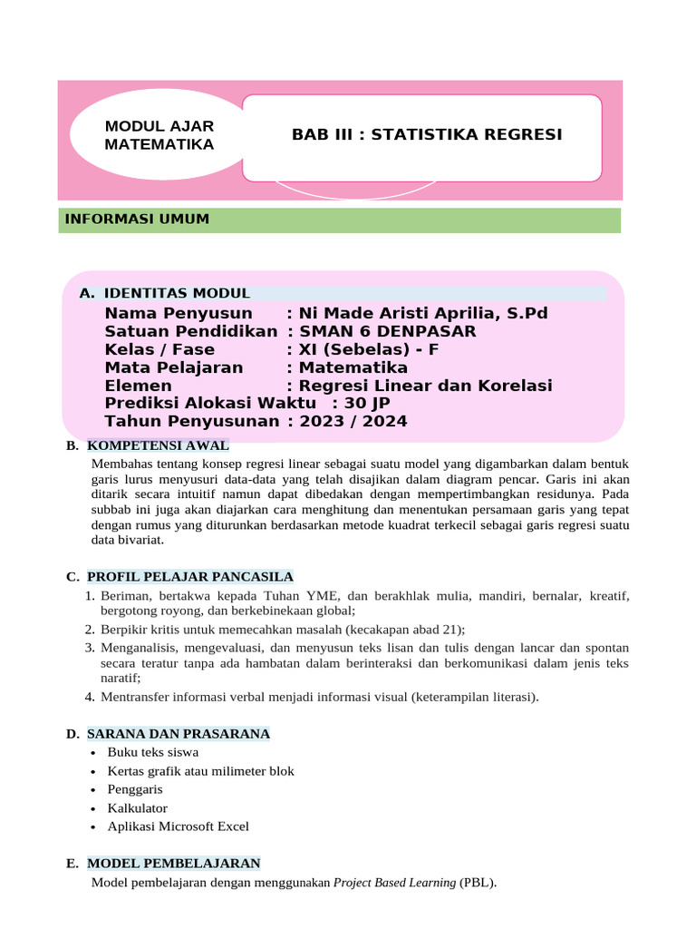 Modul Ajar Bab 3 Statistika Regresi Linear Dan Korelasi | PDF