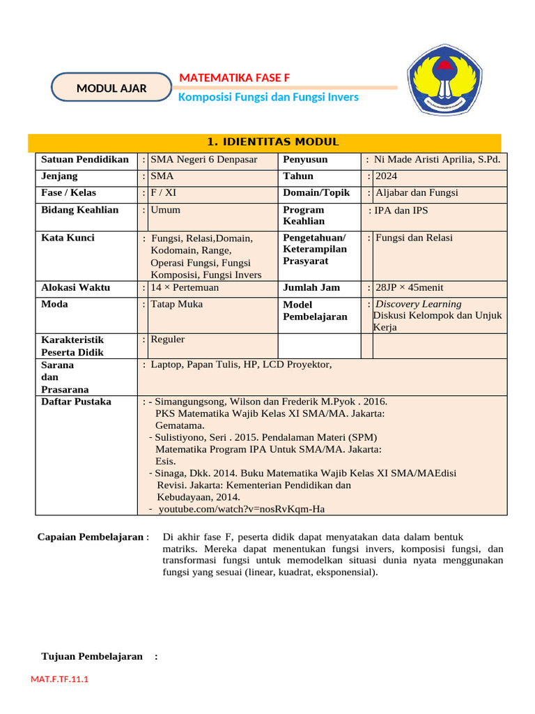 Modul Ajar Komposisi Fungsi | PDF
