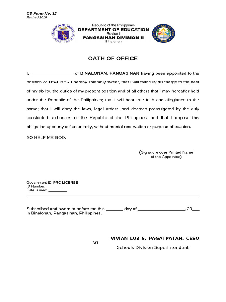 Teacher I Oath of Office Form CS 32 | PDF