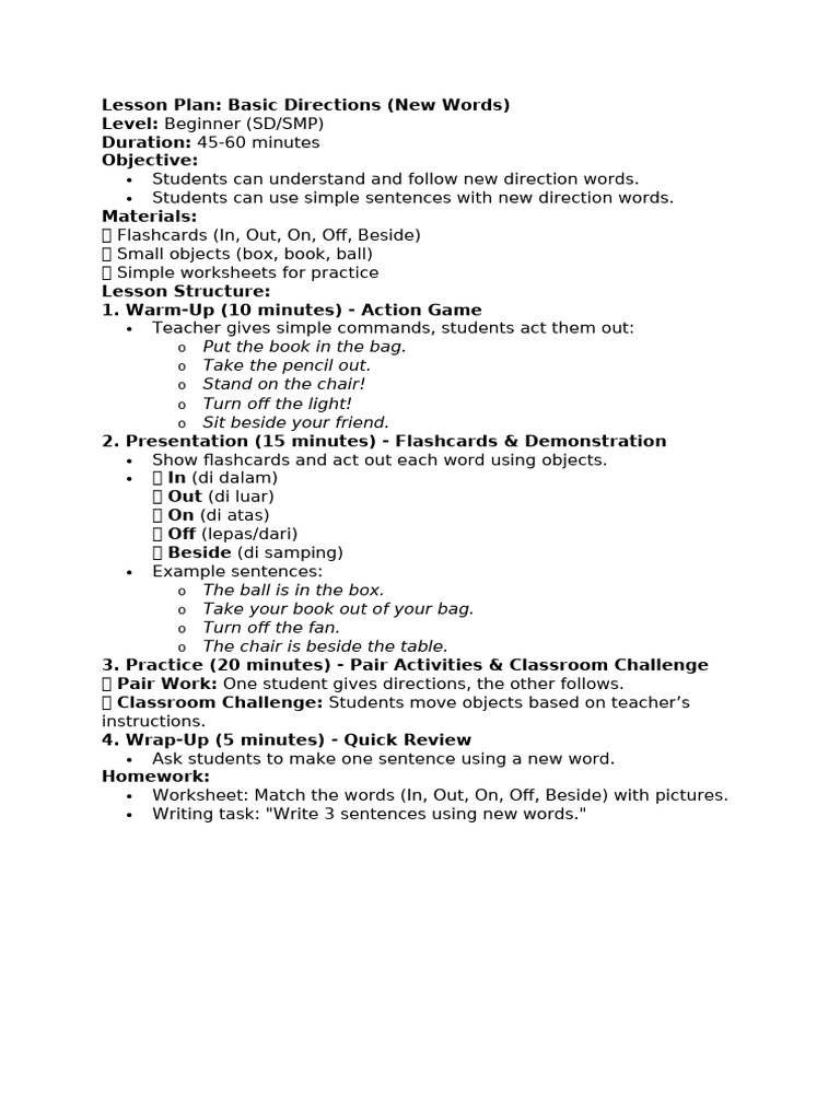 Lesson Plan Basic Directions (New Words) | PDF