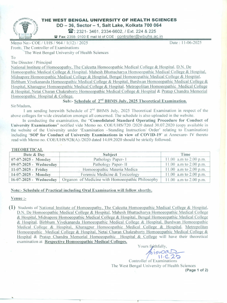Schedule of 2nd BHMS July, 2025 Theoretical Examination | PDF