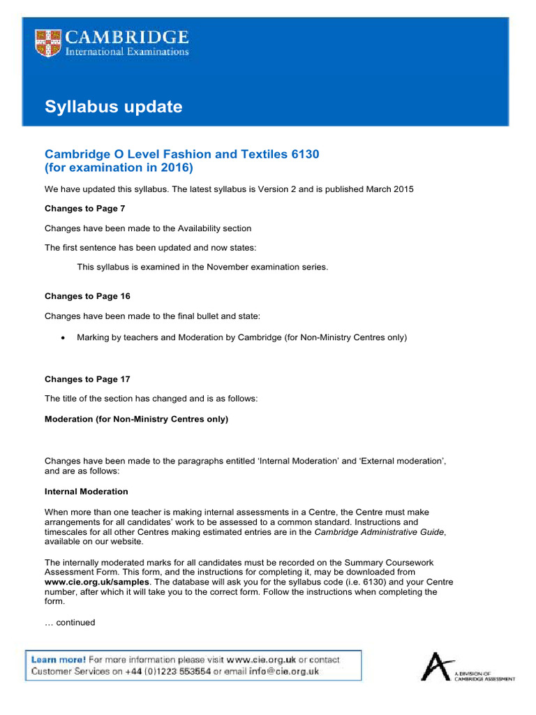Syllabus Update: Cambridge O Level Fashion and Textiles 6130 (For ...