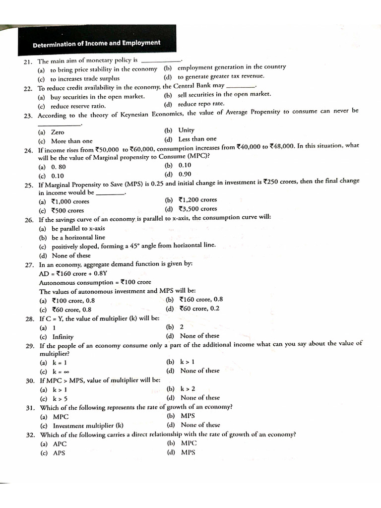 CH 7-9 Income and Employment MCQs Subhash Dey | PDF