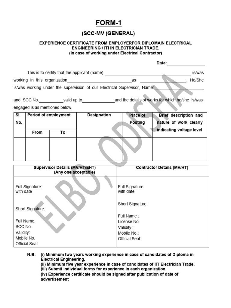 ITI Electrician Experience Certificate Form | PDF | Electrician ...