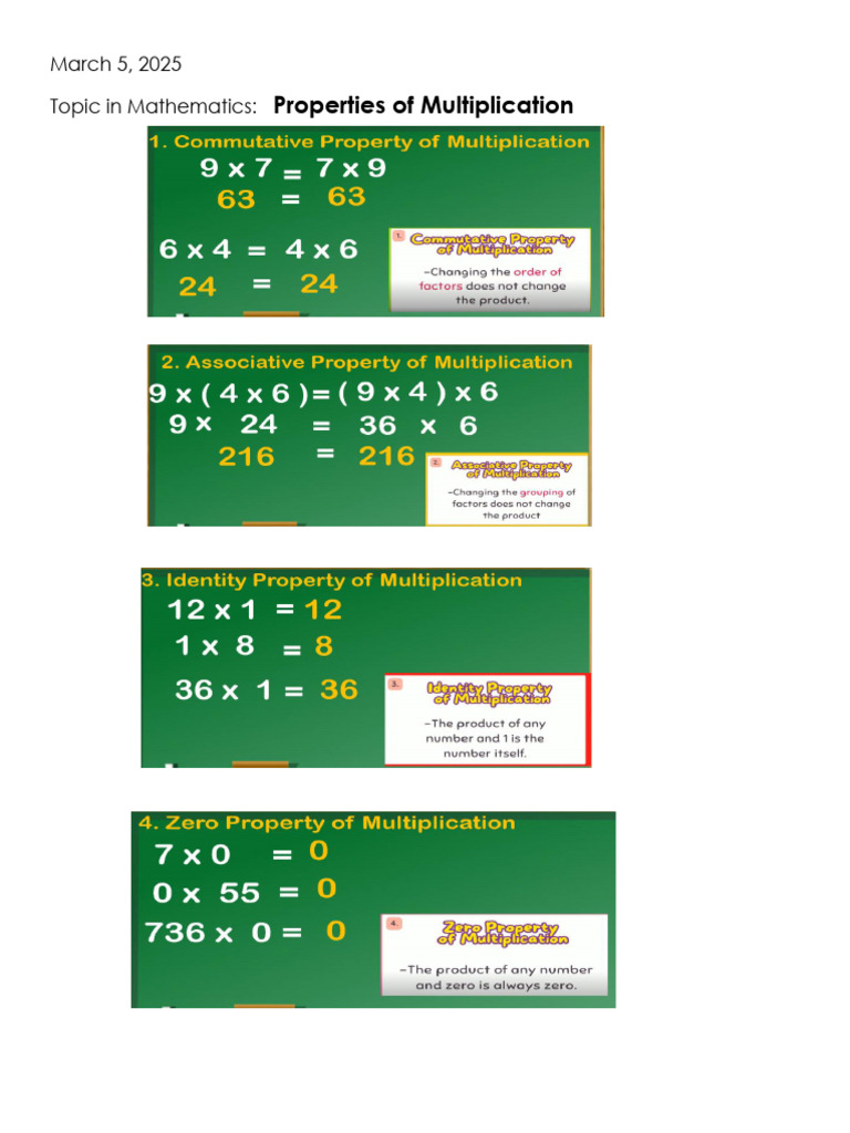 Math 4 .Properties of Multiplication .March 5 PDF | PDF