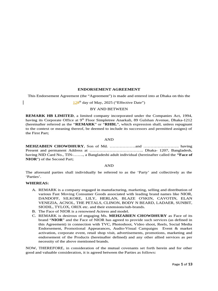 Endorsement Agreement Draft Mehzabien Chowdhury - Nior | PDF | Indemnity | Mediation