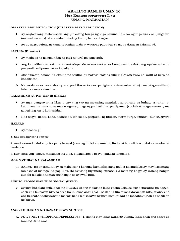 Araling Panlipunan 10 Unang Markahan Handouts | PDF