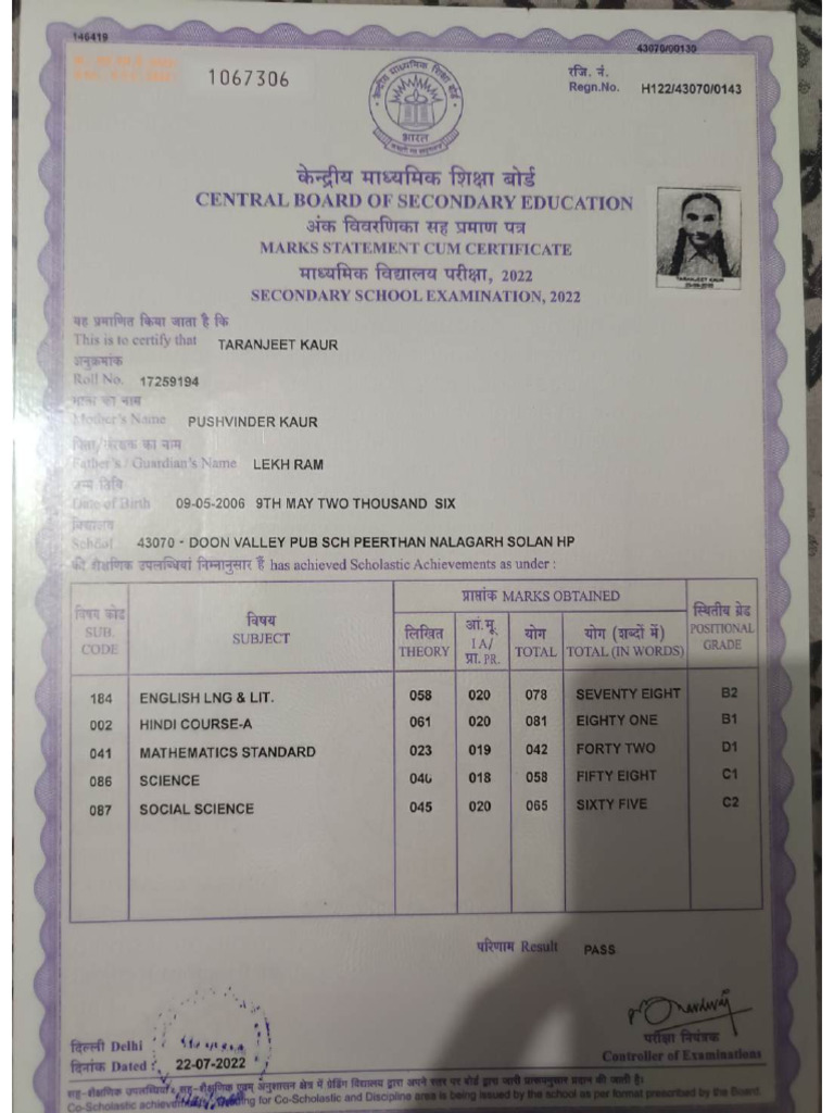 10th Marksheet Taranjeet Kaur-Compressed | PDF
