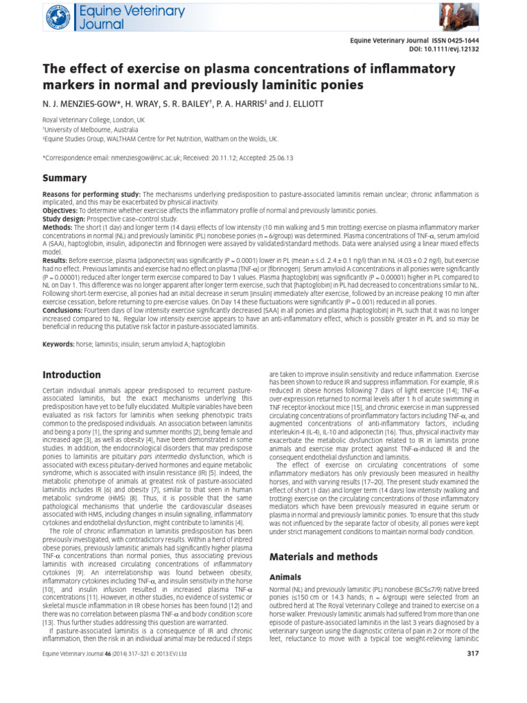 Effect of Exercise On Plasma Concentrations of Markers in Normal and Previously Laminitic Ponies ...