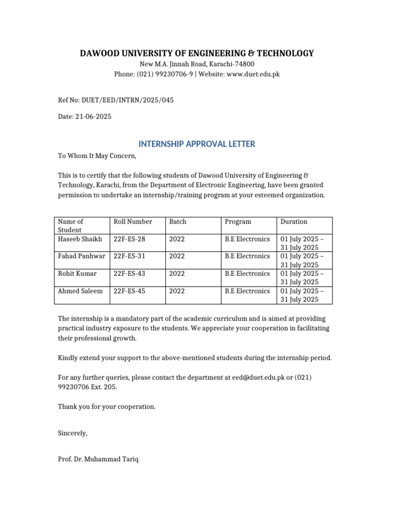 DUET Internship Approval Letter Proper | PDF