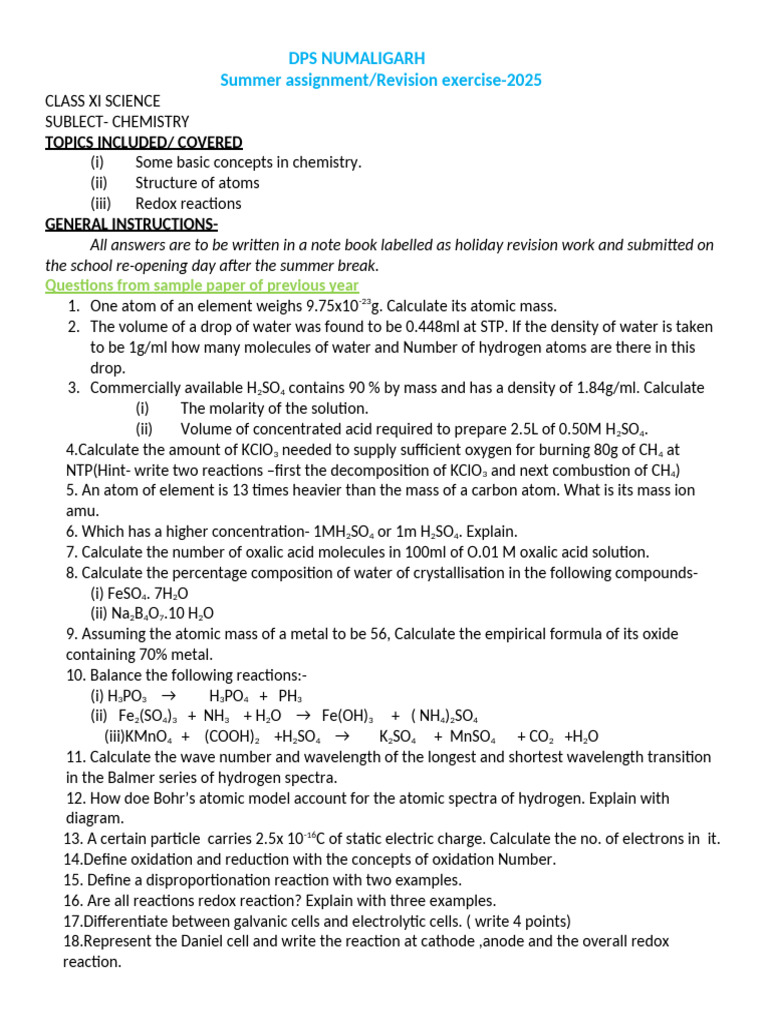 Summer Assignment For Class XIA Students | PDF | Redox | Chemical Reactions