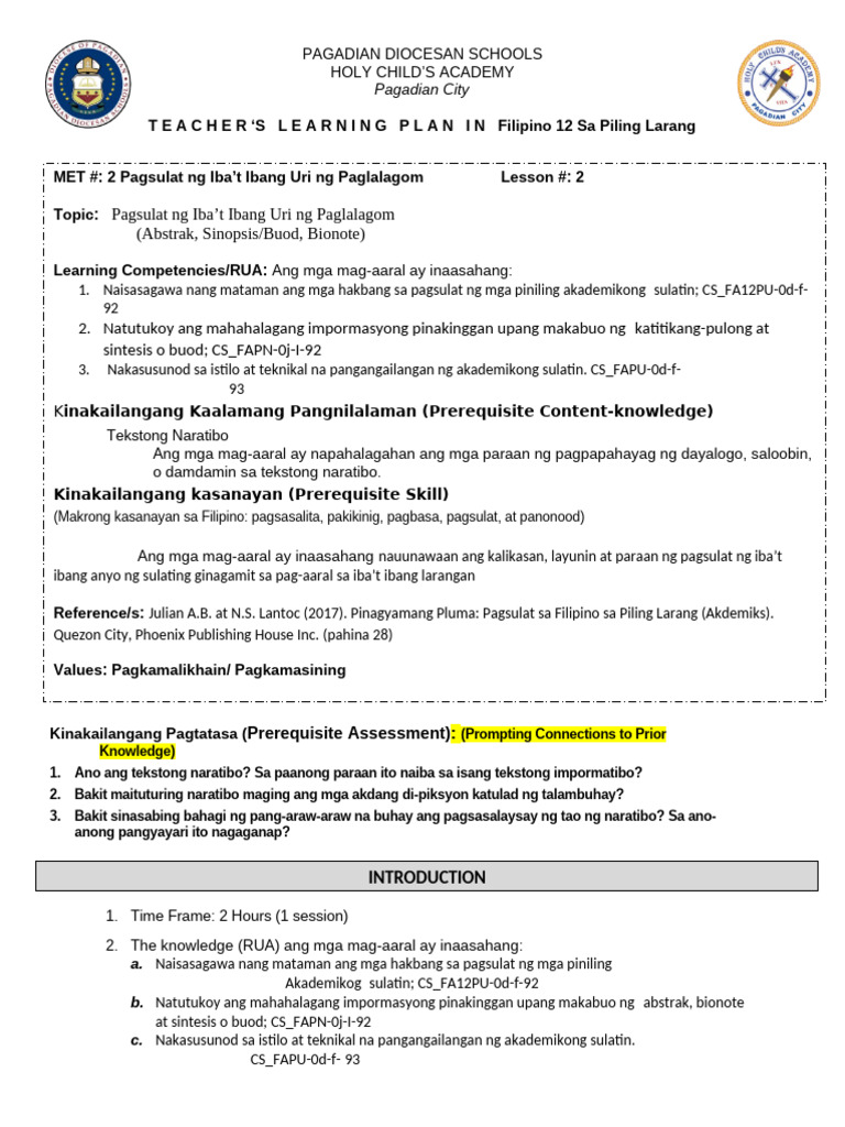 Piling Larang MET 1 Lesson 2 2 | PDF