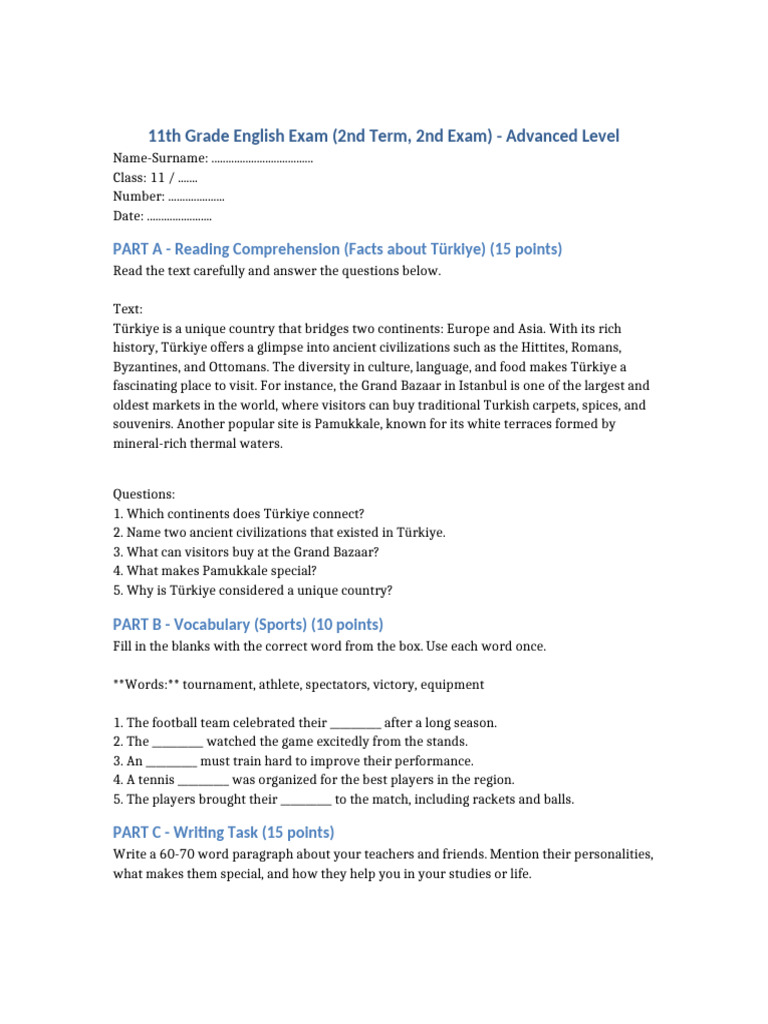 11th Grade English Exam Advanced | PDF