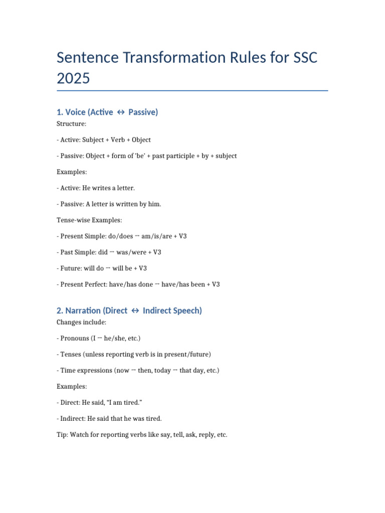 SSC 2025 Sentence Transformation Rules | PDF