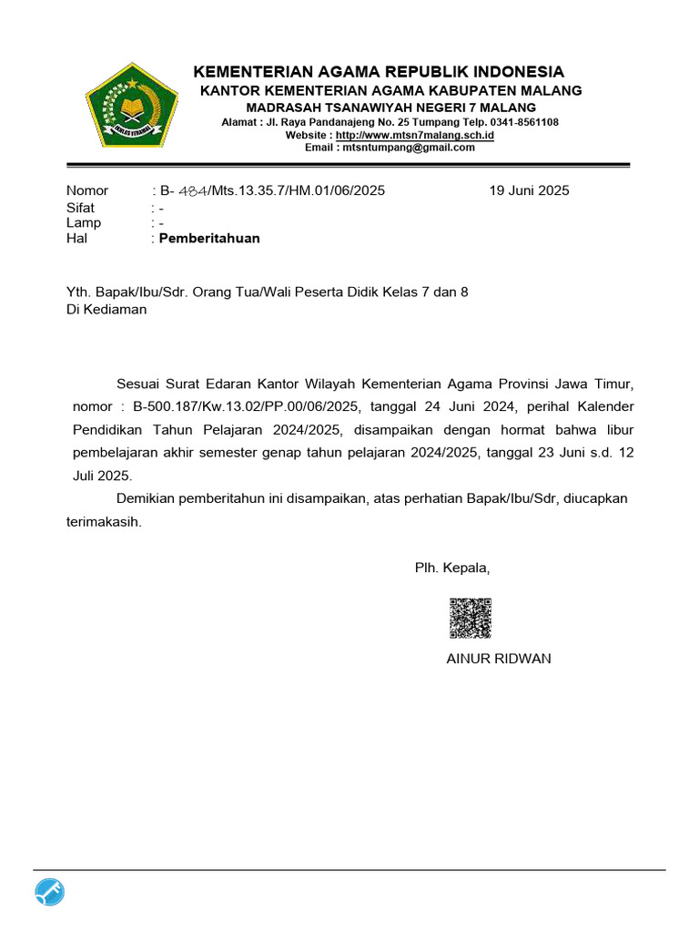 Surat Pemberitahuan Libur | PDF