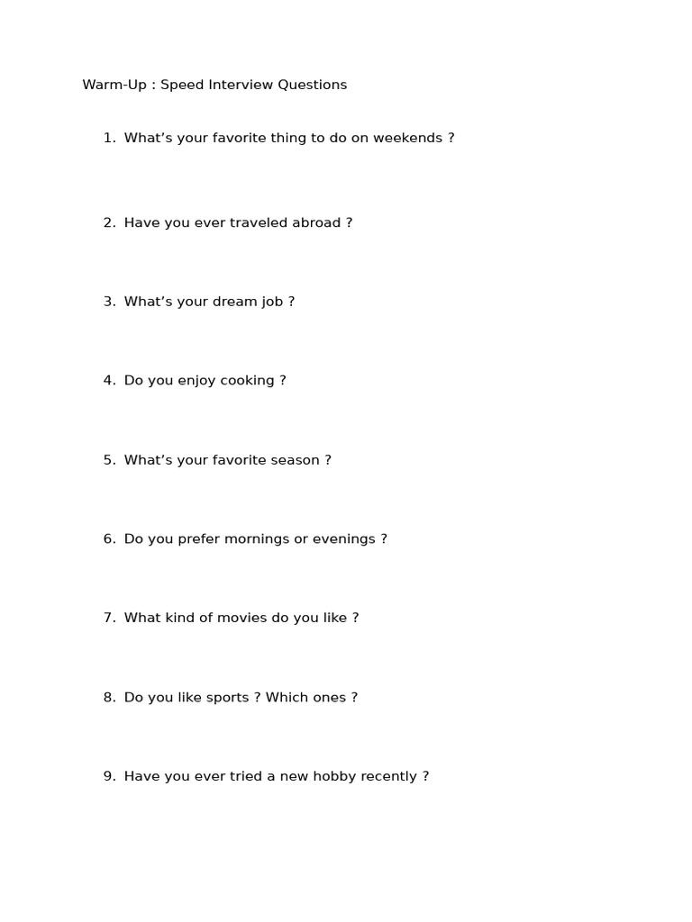 Speed Interview Questions and Topics | PDF
