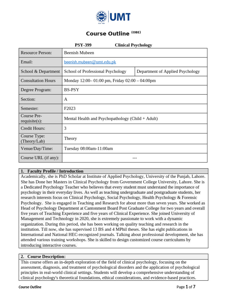 Clinical Psychology Course Outline | PDF | Psychotherapy | Behaviour ...