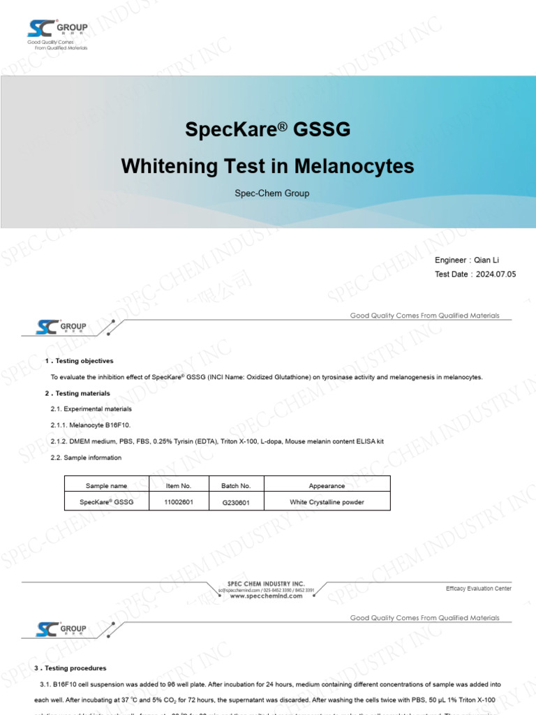 Test (In Vitro) Report-SpecKare® GSSG-Whitening Test in Melanocytes EN ...