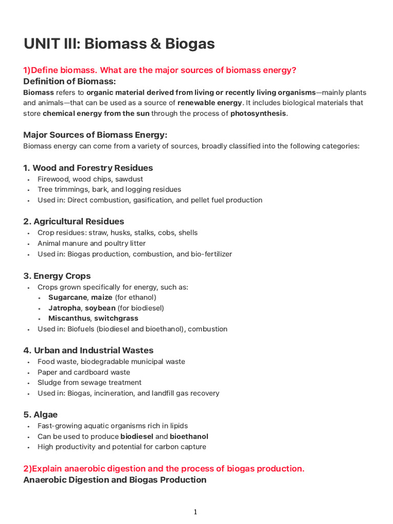 Ncse Unit III Biomass & Biogas | PDF | Biofuel | Biogas