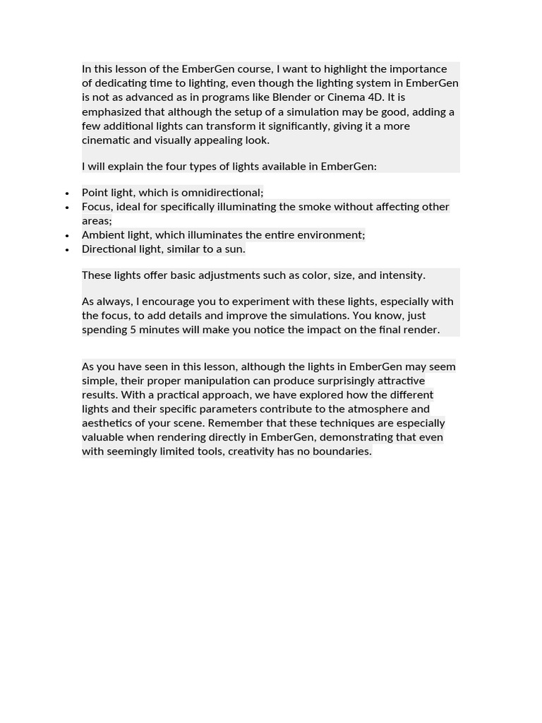 Mastering Lighting in EmberGen Simulations | PDF