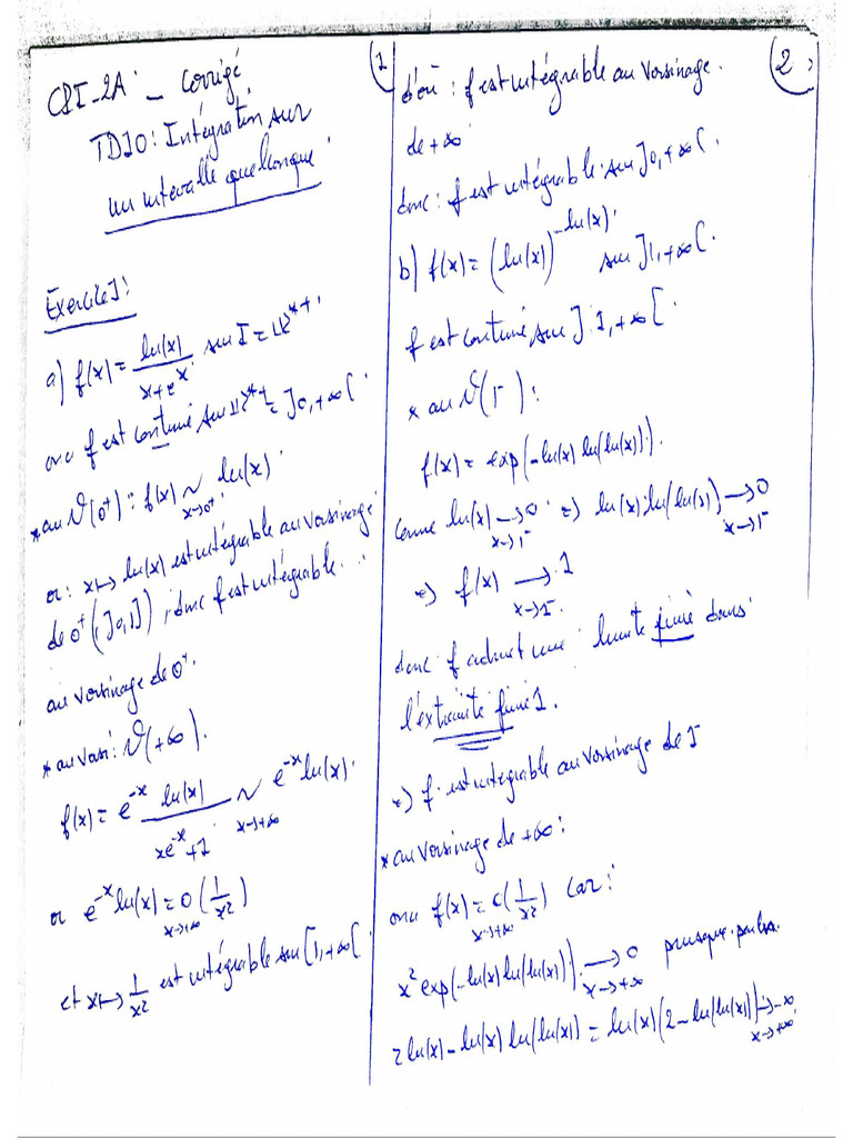 TD10 - Intégration Sur Un Intervalle Quelconque - Corrigé | PDF