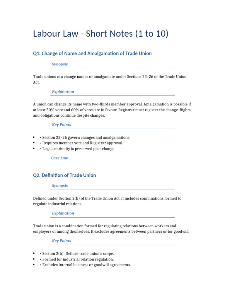 Labour Law Short Notes 1 To 10 | PDF | Trade Union | Employment