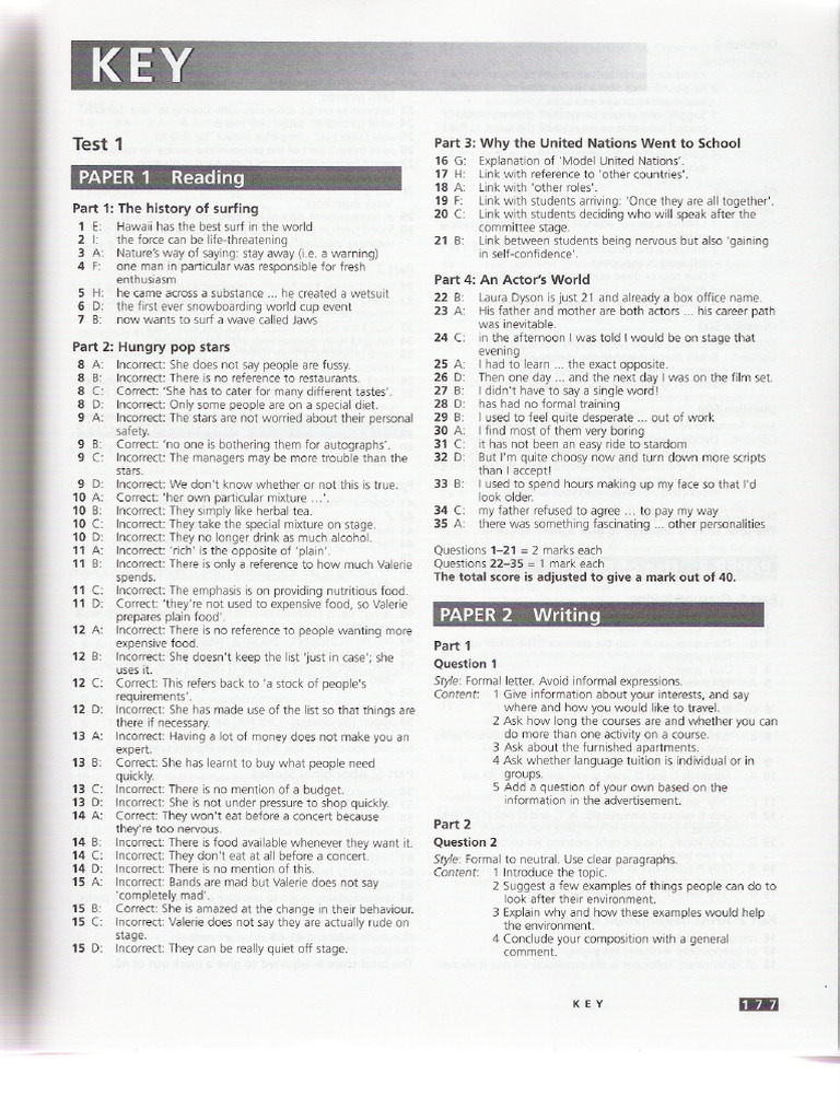 FCE Practice Tests Plus 2 KEY | PDF | Verb | Adjective