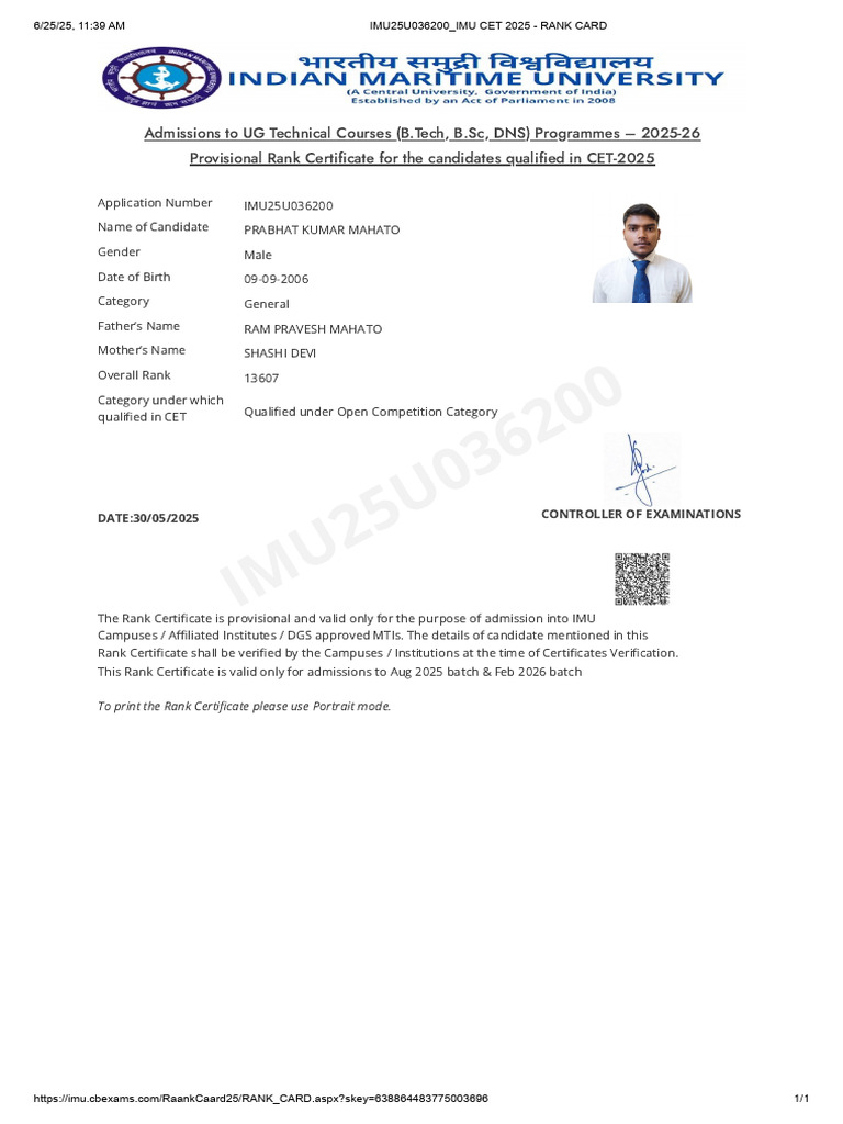 Imu25u036200 - Imu Cet 2025 - Rank Card | PDF
