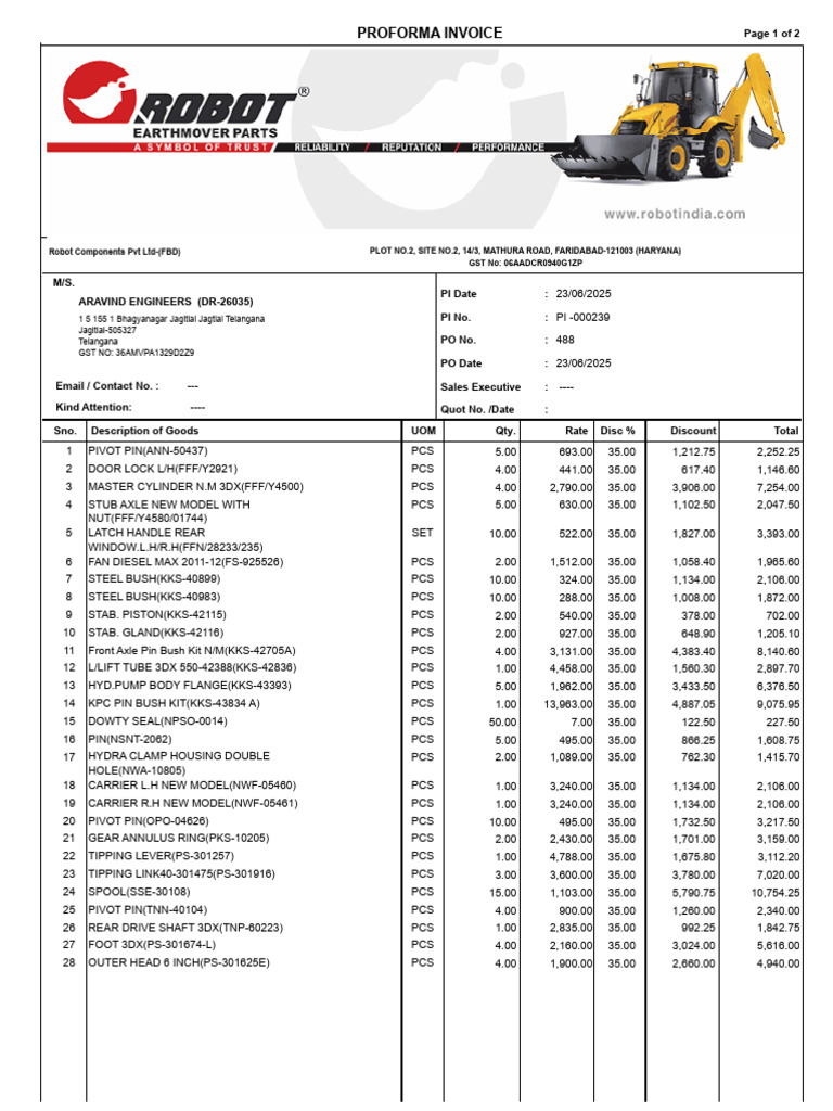 Proforma Invoice for Robot Components | PDF | Vehicles