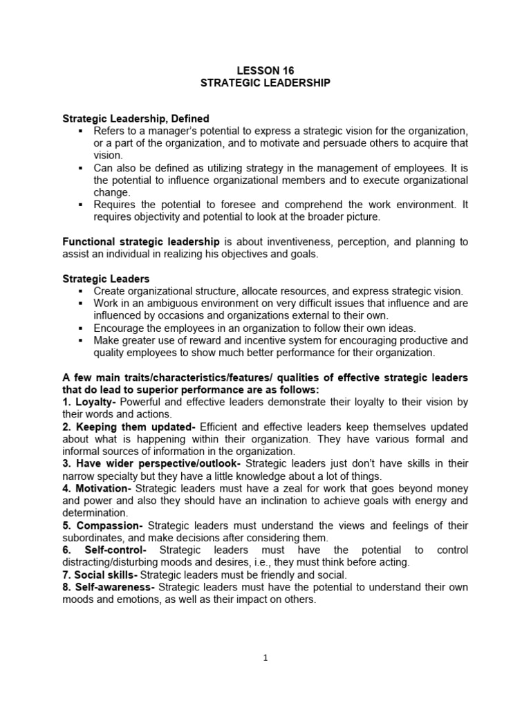 Lesson16 StrategicLeadership | PDF | Leadership | Strategic Leadership