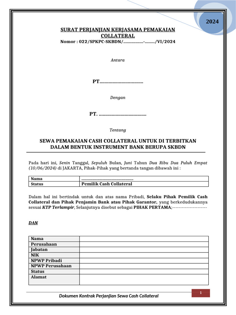 NOTA PERJANJIAN SEWA COLATERAL (BOF-SKBDN-BG-SBLC) Rev1 | PDF