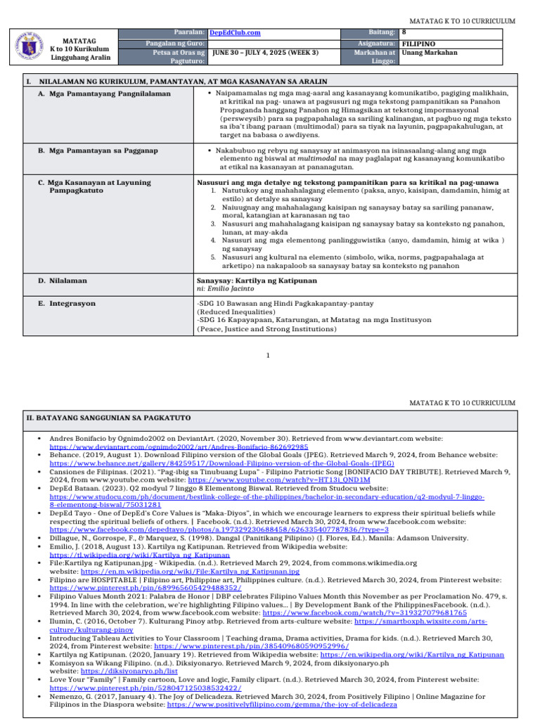 DLL Matatag - Filipino 8 q1 w3 | PDF
