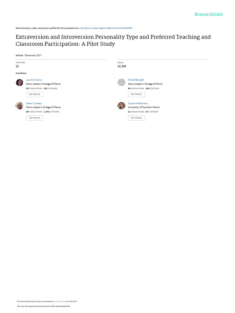 Extraversionand Introversion Personlity Typeand Preferred Teachingand Classroom Particiation ...